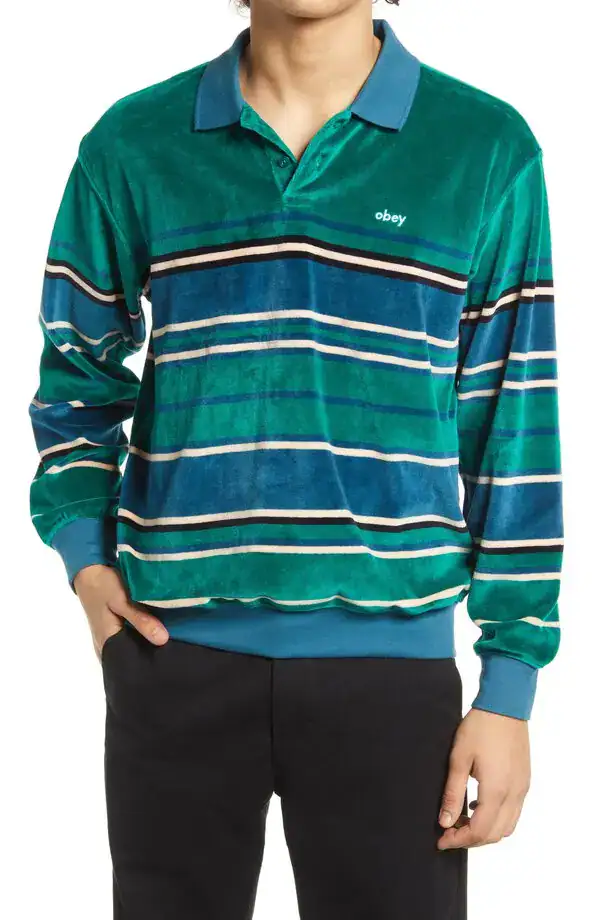 Obey Clifton Stripe Long Sleeve Velour Polo In Ivy Multi - 60% Off